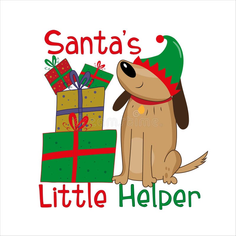 Santa`s Little Helper - Cute Dog in Elf Hat, with Gift Boxes. Stock ...