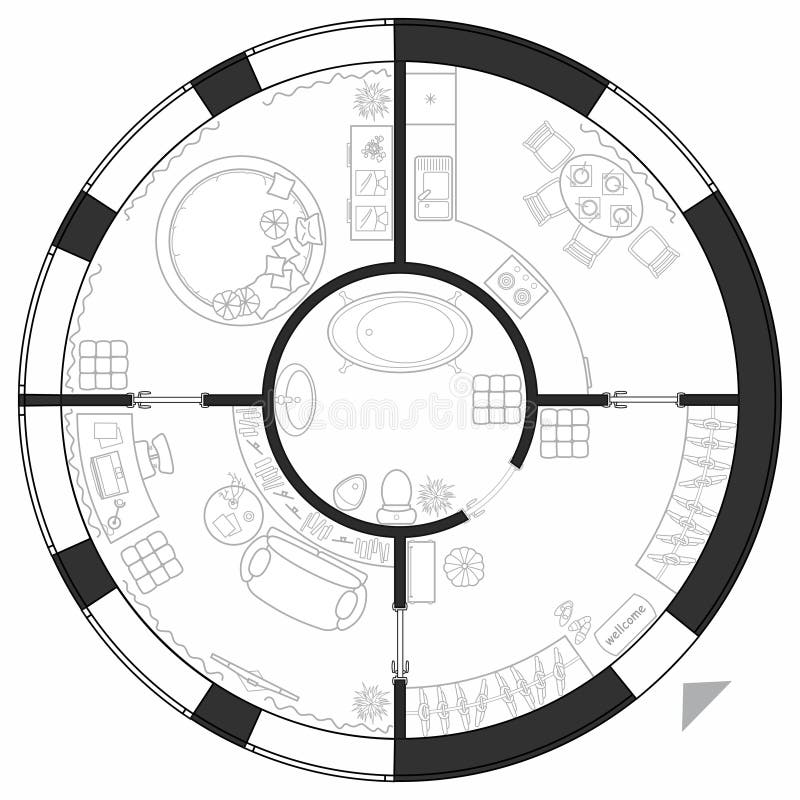 Plan of a Round House with Furniture Layout. Interior Drawing in Black ...