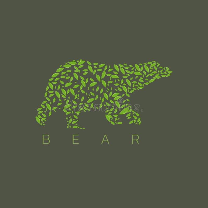 Bear Logo Vector Illustration with Green Leaves Pattern Stock ...