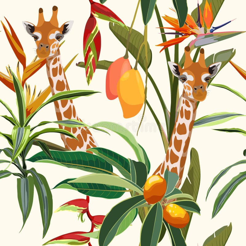 Head Giraffe with Tropical Green Leaves and Fruits. Cartoon Exotic ...