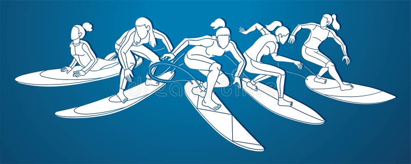 Women Surfer Action Surfing Sport Players Cartoon Graphic Vector Stock ...