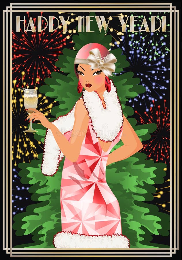 Happy New Year Card with Flapper Girl Champagne in Art Deco Style Stock ...