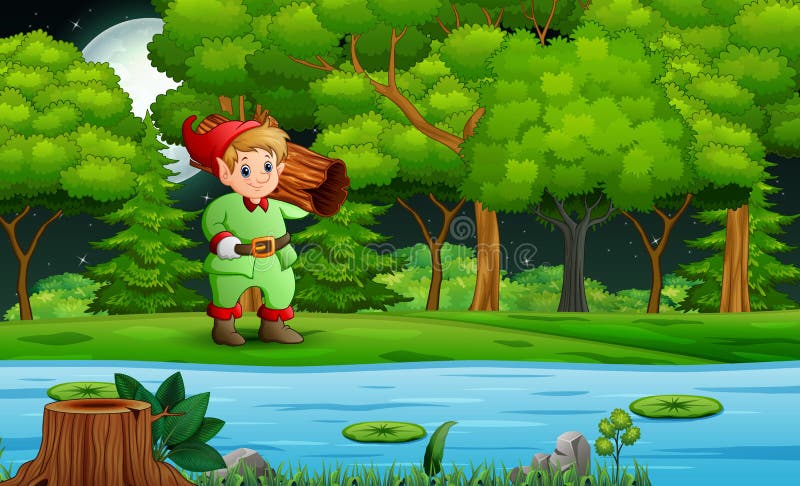 Cartoon Dwarf Man Carrying a Log by the River Stock Vector ...