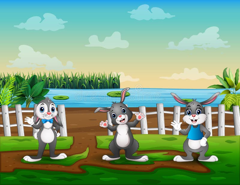 Happy Three Bunnies in the Farm Stock Vector - Illustration of ...