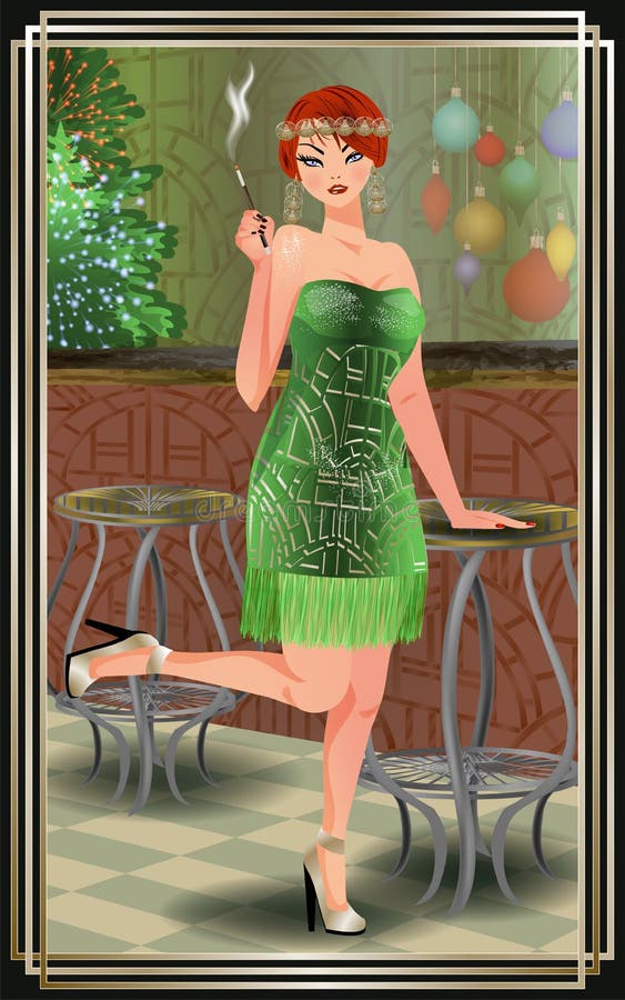 New Year Wallpaper in Art Deco Style, Flapper Girl with Cigarette and ...