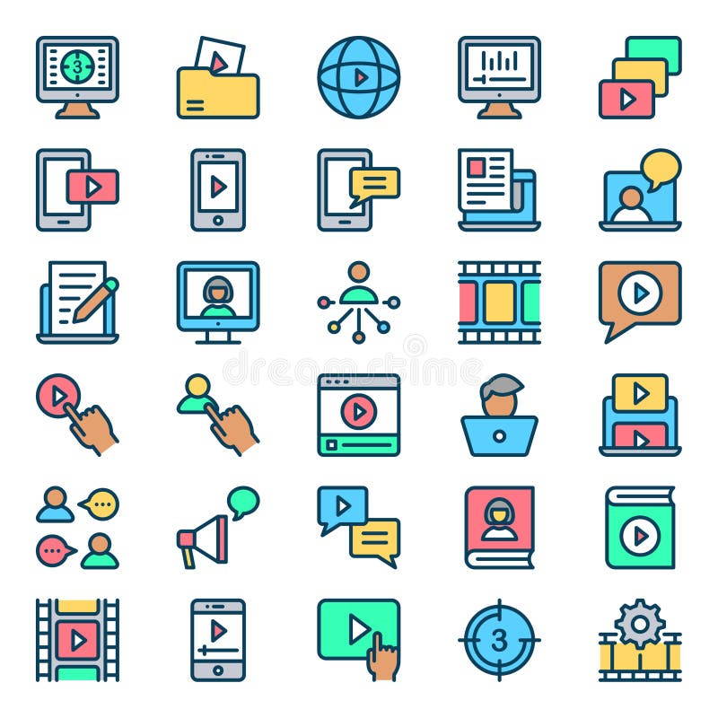 Filled Color Outline Icons for Video Content. Stock Vector ...