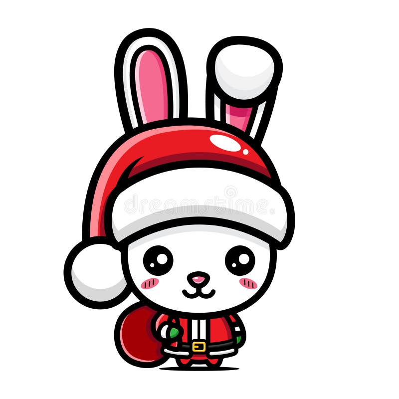 Cute Bunny Cartoon Character Design Celebrating Christmas Wearing Santa ...