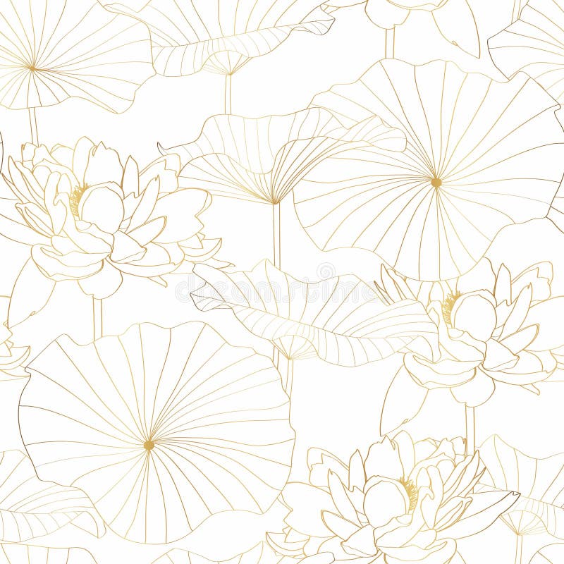 Luxury Wallpaper Design with Golden Lotus with Leaves. Lotus Line Arts ...