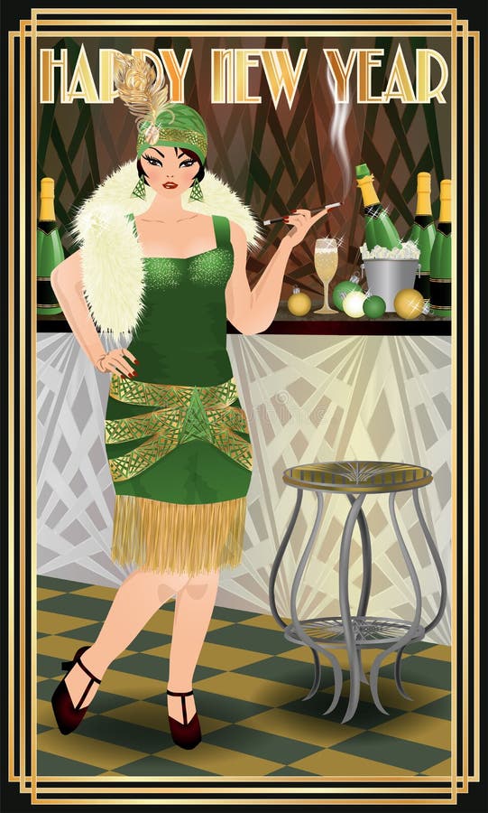 New Year Card with Flapper Girl and Champagne Stock Vector ...