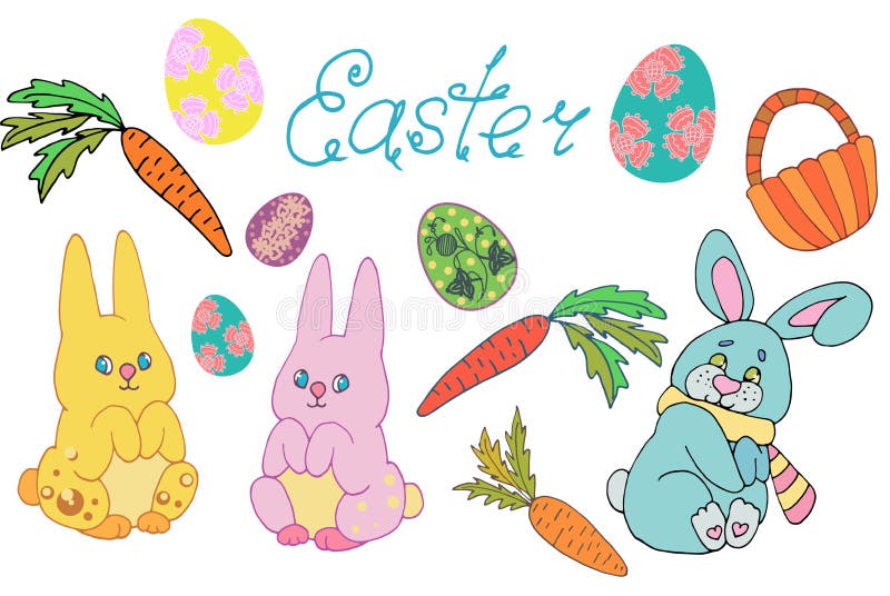 Set of Vector Easter Elements, Rabbit, Carrot, Easter Eggs Stock Vector ...