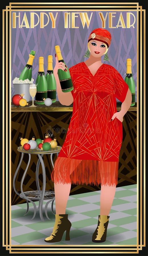 New Year Card in Art Deco Style, Flapper Xxl Girl with Xmas Champagne ...