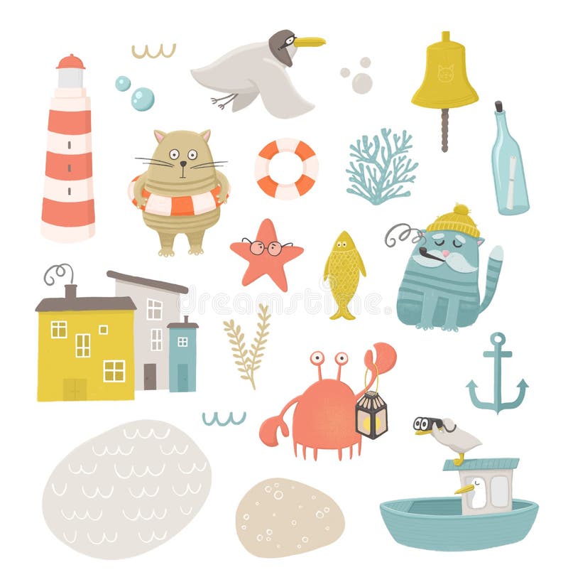 Cute Nautical Animals. Funny Cartoon Sea Kids Character Clip Art Stock ...