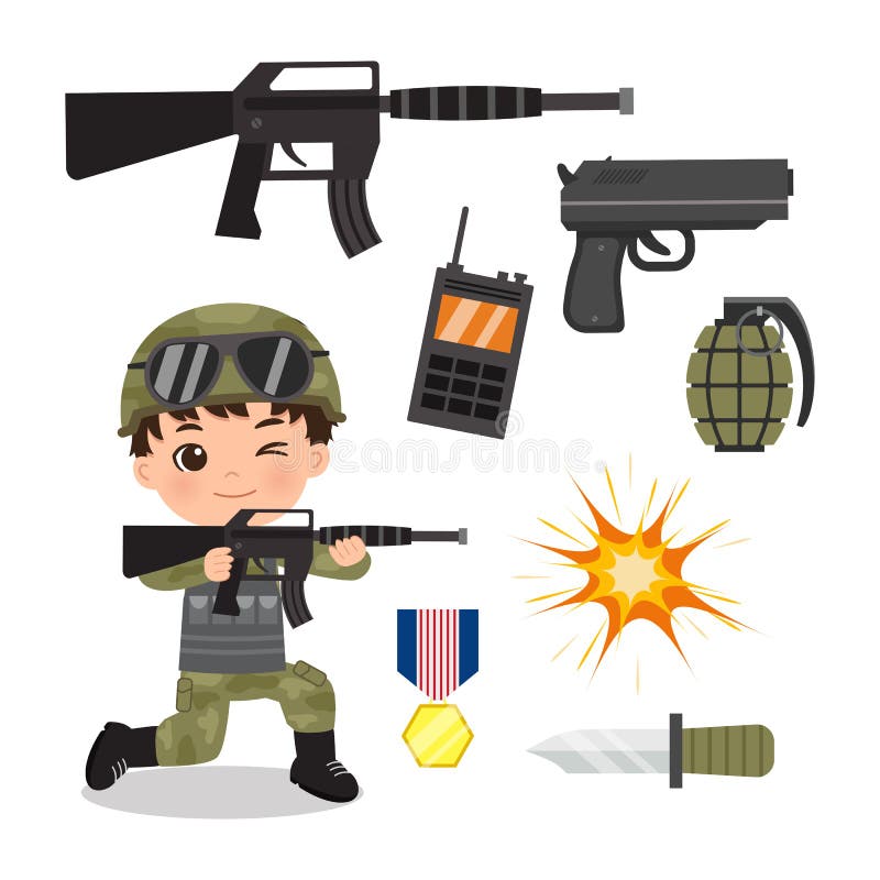 Cute Soldier Boy with Army Equipment Clipart Stock Vector ...