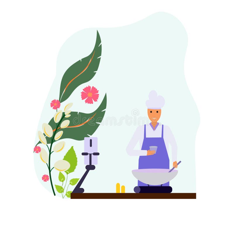 Vector Illustration of a Chef Cooking, Zoom Activity on a Floral ...