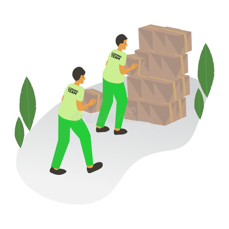 2 Members of the Loading Team Arranging Cardboard Packages, Flat Vector ...