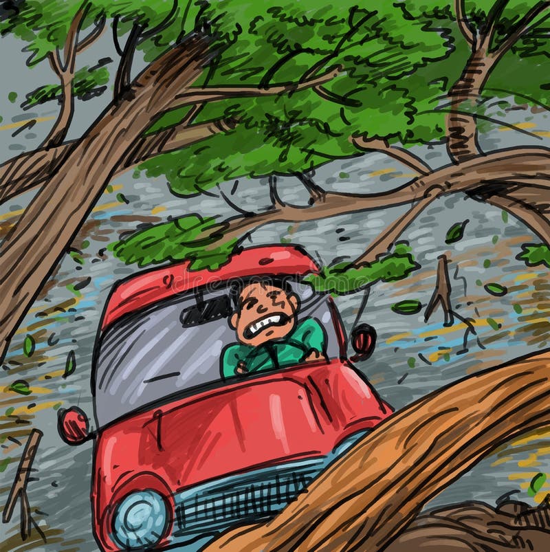 The Car Stuck in the Road with Trees Collapsed Stock Vector ...