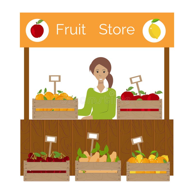 Fruit Store Stand Front, Wooden Box with Fruits and Price Tag. Stock ...