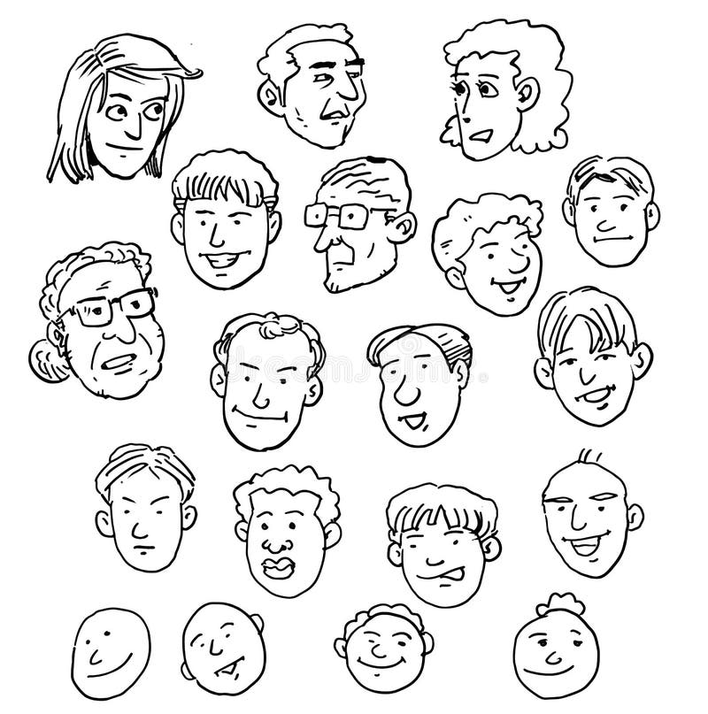 Collection Black and White Cartoon Set of Human Faces Stock Vector ...