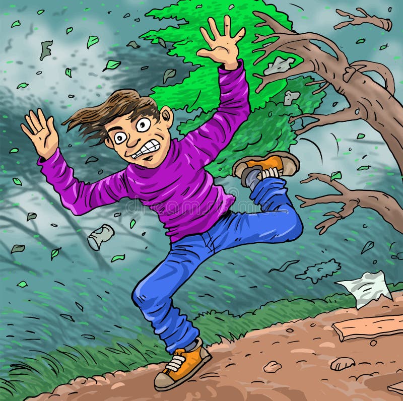 Man Running in Fear from Strong Winds Stock Vector - Illustration of ...