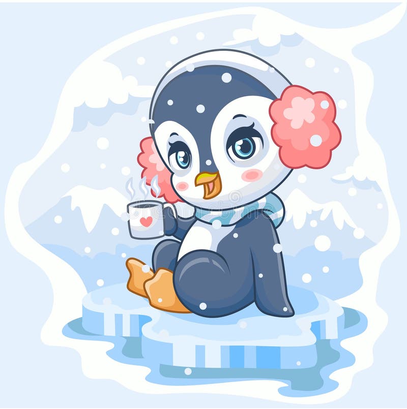 Cartoon Cute Penguin Sitting Drinking Coffee on Ice Cube Isolated North ...