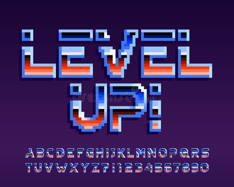 Level Up Alphabet Font. Pixel Letters and Numbers Stock Vector ...