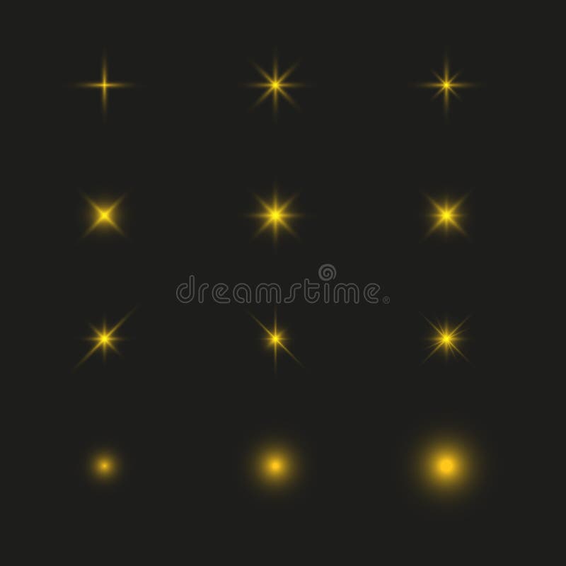 Bright Yellow Star Set. Glow Stars Effect. Sparkling Magical Elements ...
