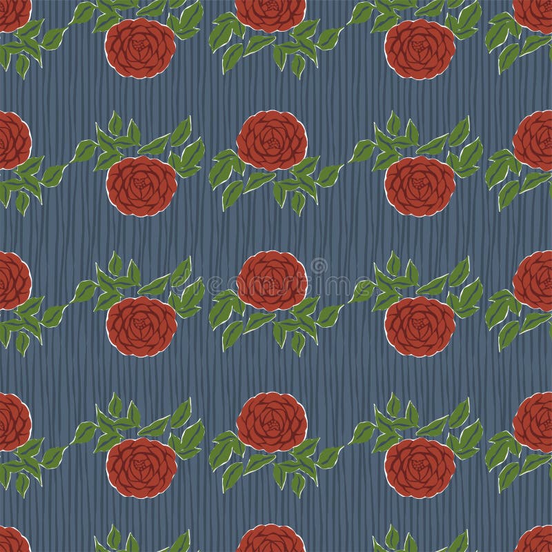 Vector Retro Color Hand Drawing Roses and Leaf Stripe Pattern Stock ...