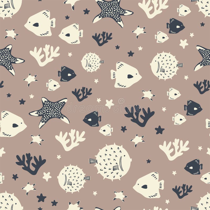Vector Cute Fish Ocean Icons Illustration Seamless Repeat Pattern Stock ...