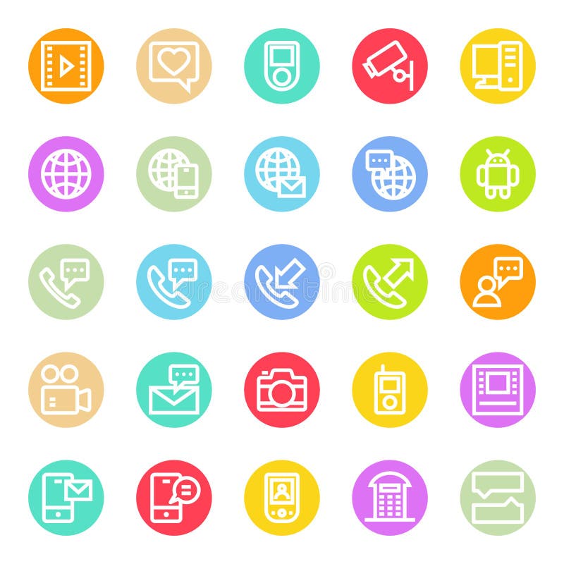 Circle Color Outline Icons for Network and Communication. Stock Vector ...
