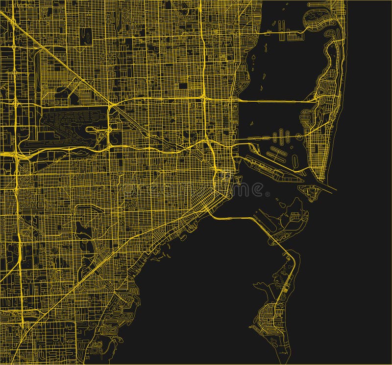 Black and Yellow Vector City Map of Miami. Stock Vector - Illustration ...