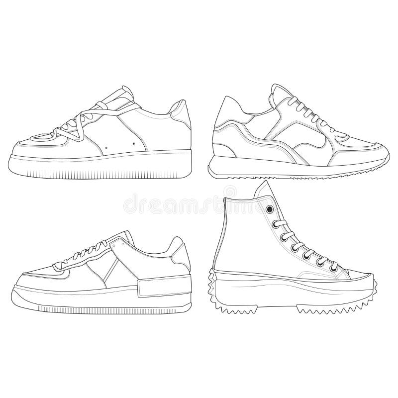 Set of Outline Cool Sneakers. Shoes Sneaker Outline Drawing Vector ...
