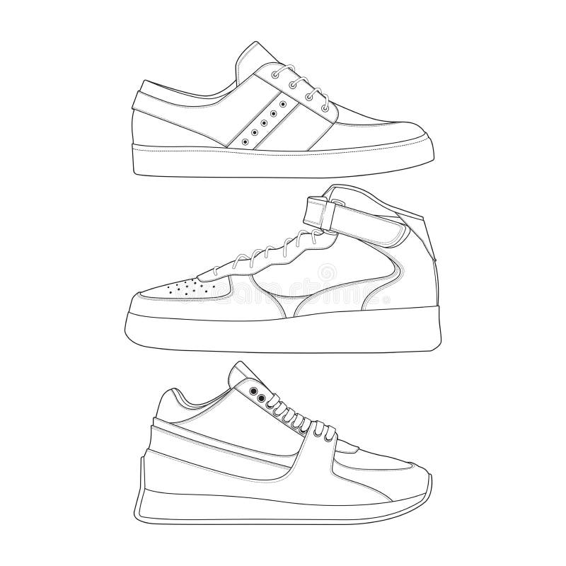 Set of Outline Cool Sneakers. Shoes Sneaker Outline Drawing Vector ...