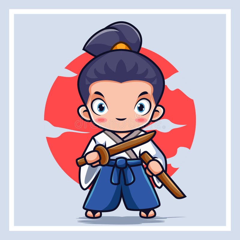 Cartoon Cute Little Samurai Holding a Wooden Sword Stock Vector ...