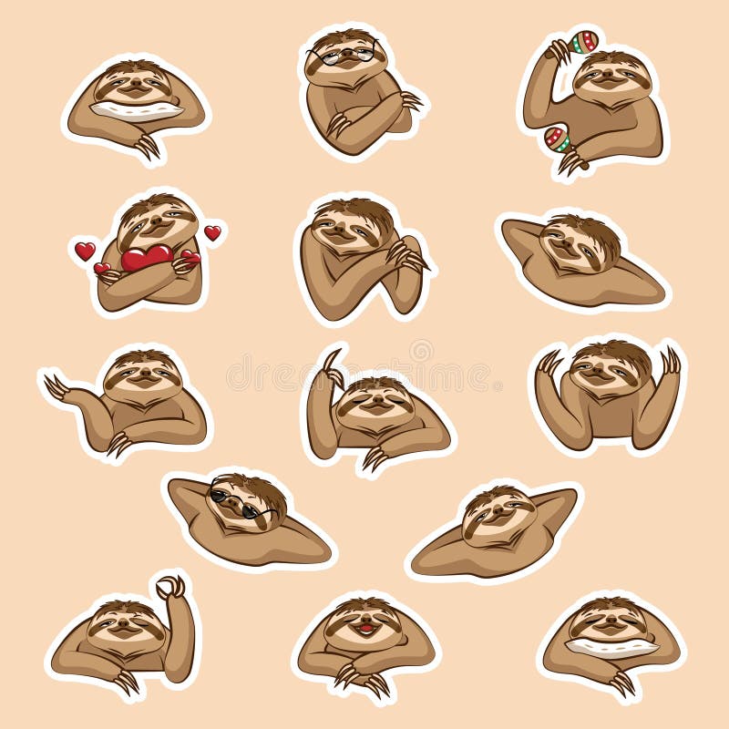 A Set of Different Emotions of a Funny Cartoon Sloth. Stickers with a ...