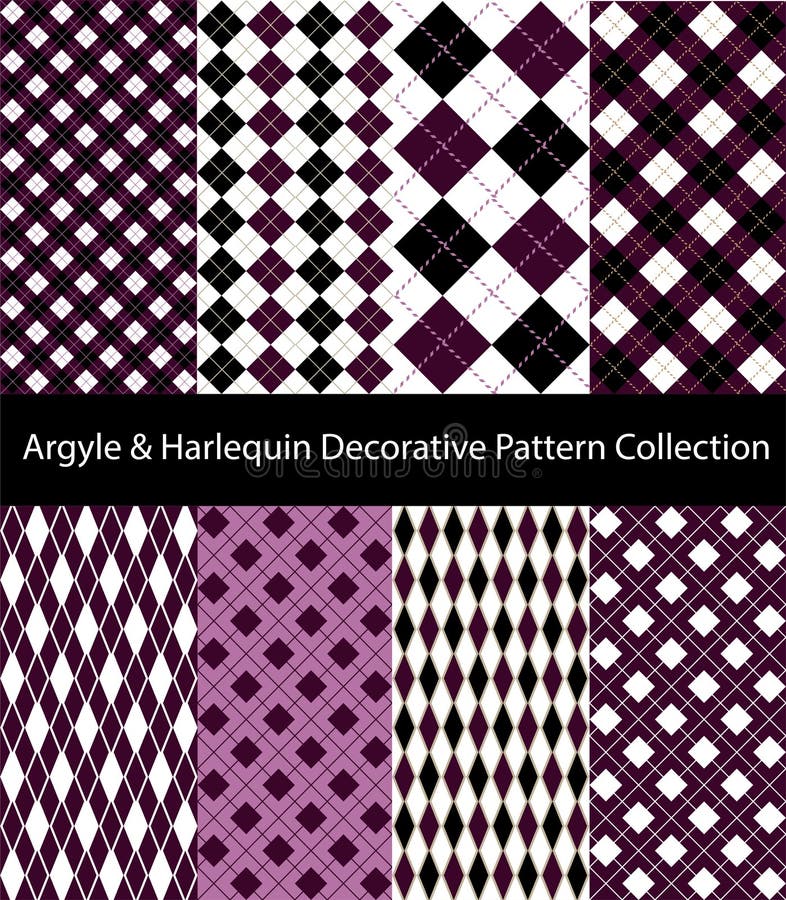 Collection of Argyle, Harlequin and Rhombus Plaid Patterns. Purple Themed Textile Backgrounds ...