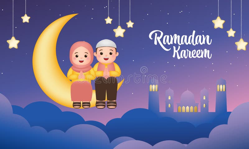 Cute Boy and Girl Sit on Crescent Moon and Celebrates Ramadan Kareem ...