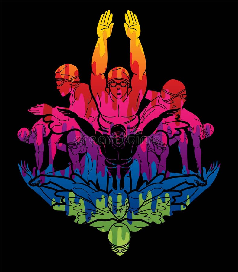 Group of People Swimming Together Swimmer Action Cartoon Sport Graphic ...
