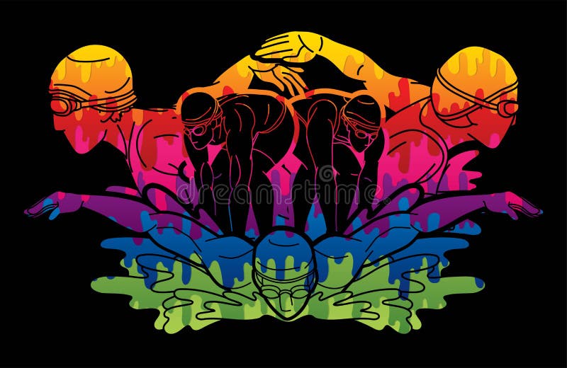 Group of People Swimming Together Swimmer Action Cartoon Sport Graphic ...