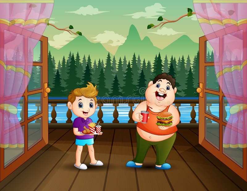 Cartoon Two Boys Bringing Food To Eat Together at Home Stock ...