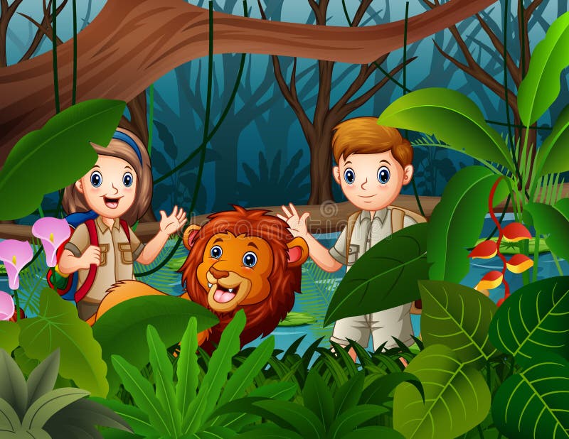 Zookeeper Boy and Girl with a Lion in the Jungle Stock Illustration ...