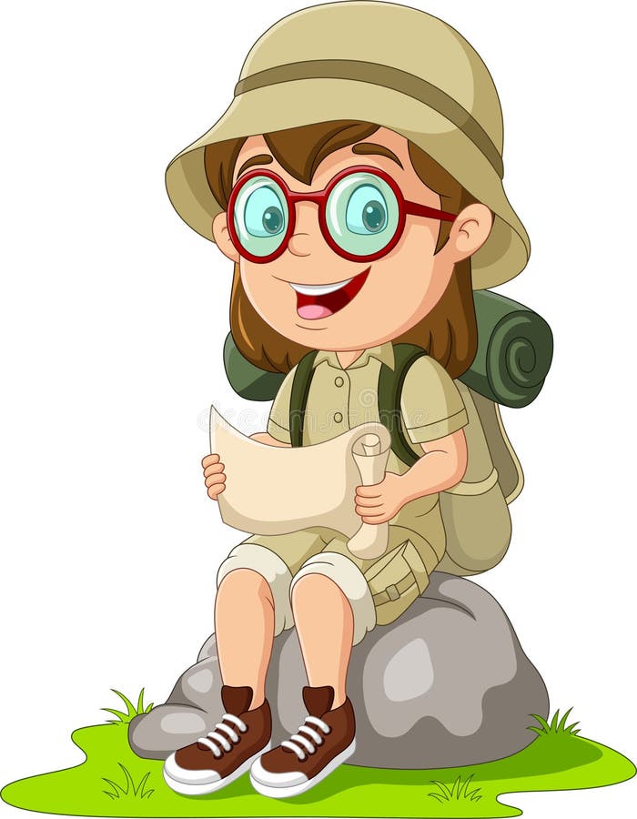 Cartoon Girl Scout on Rock Reading a Map Stock Vector - Illustration of ...