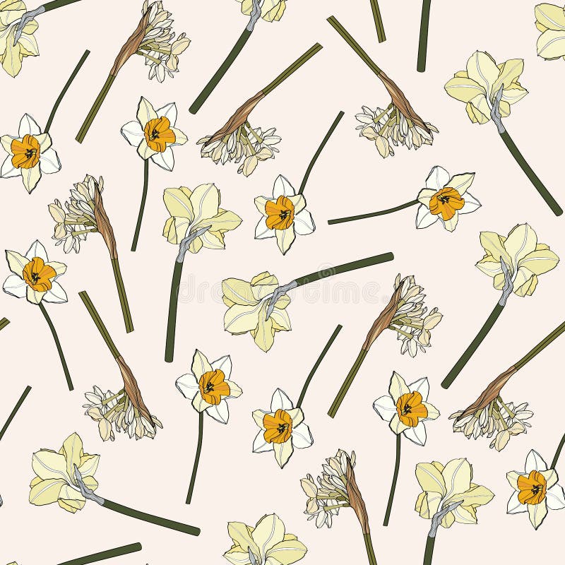 Seamless Pattern with Flowers. Daffodils, Wildflowers on a Beige ...