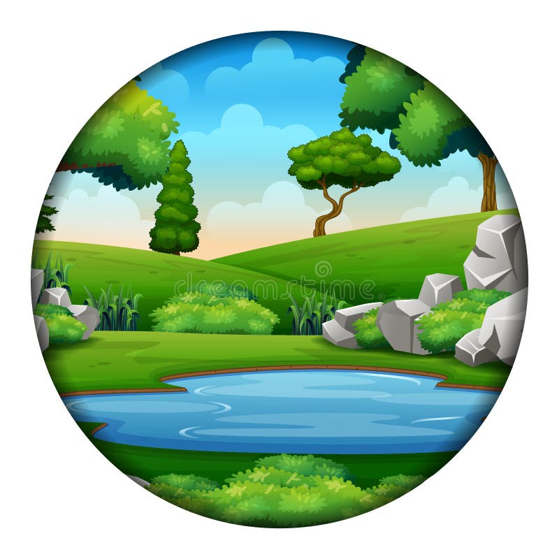 A Small Pond in Nature on a Round Frame Stock Vector - Illustration of ...
