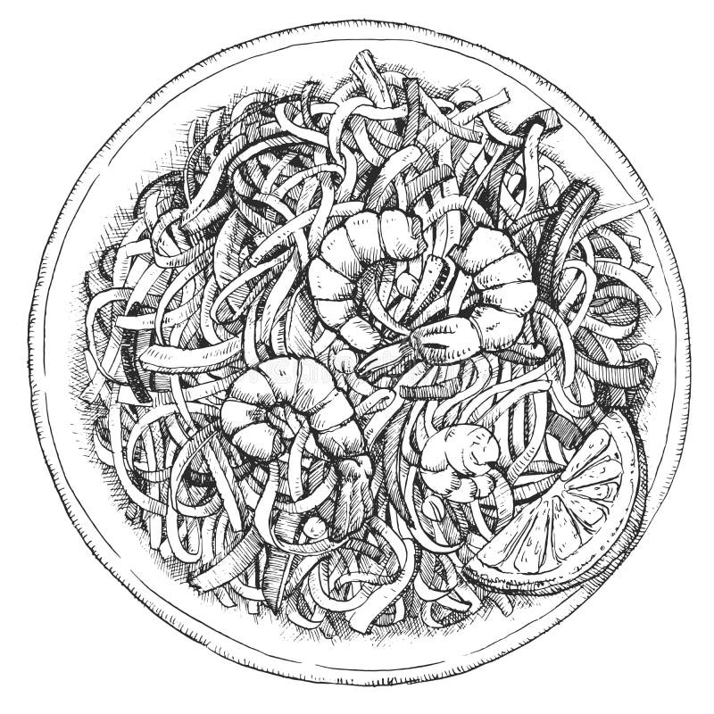 Asian Dishes. Hand-drawn Illustration of Shrimp Stir Fry Noodle. Vector ...