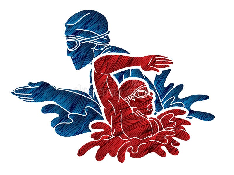 Group of People Swimming Action Swimmer Pose Mix Cartoon Sport Graphic ...