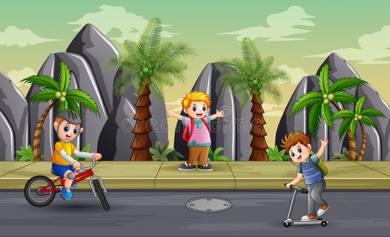 Boys Doing Activities on the Street Stock Illustration - Illustration ...