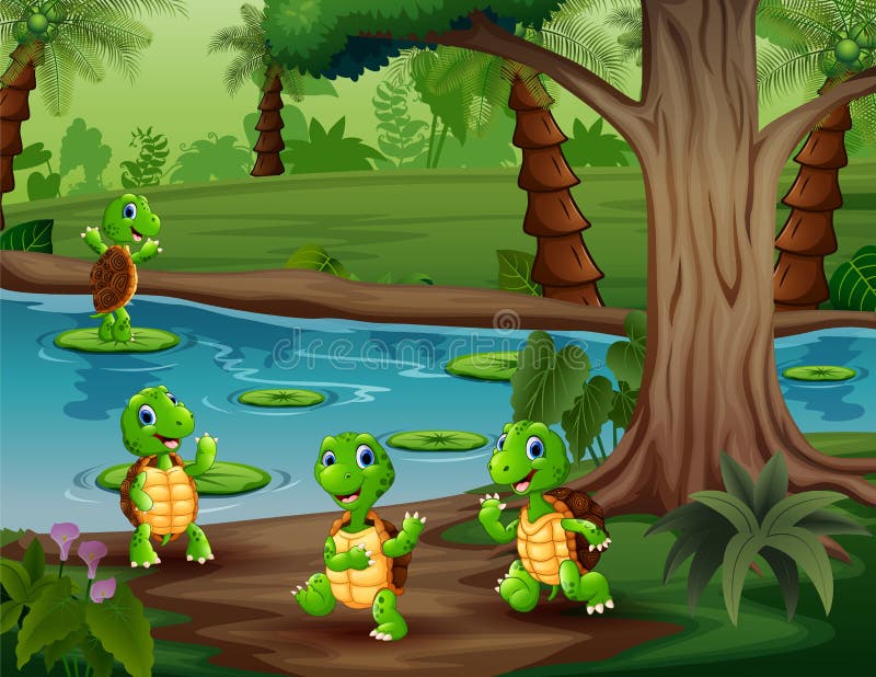 Funny Turtles Playing in the River Stock Illustration - Illustration of ...