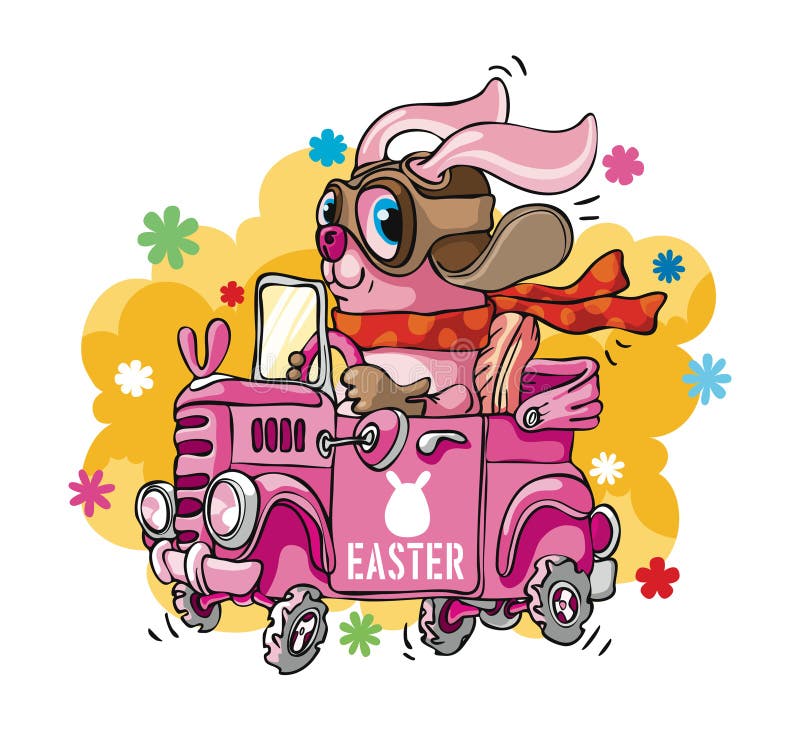 Easter Bunny Driving Pink Car with Spring Flowers Stock Vector ...