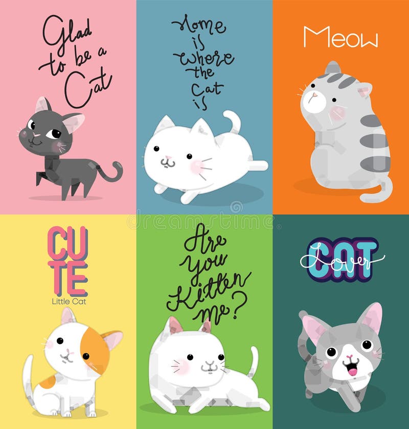 Funny Cartoon Cats Characters Different Breeds Cute Pet Animal Set ...