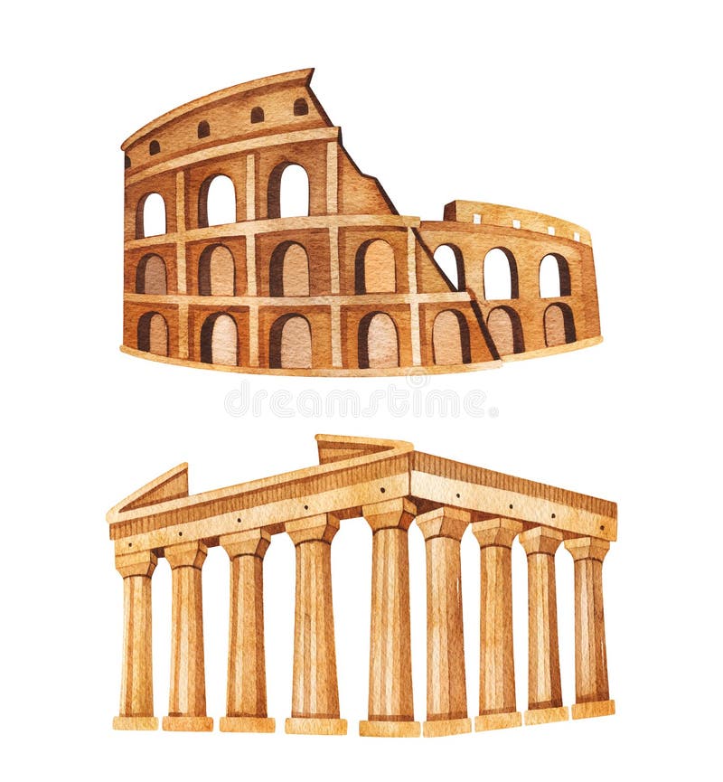 Watercolor Illustration of the Colosseum and the Acropolis of Athens ...